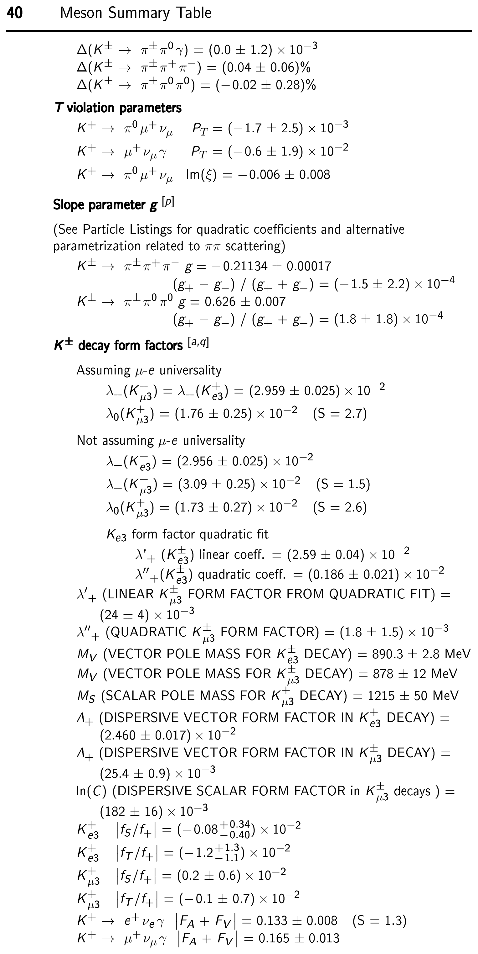 Summary Table: Mesons